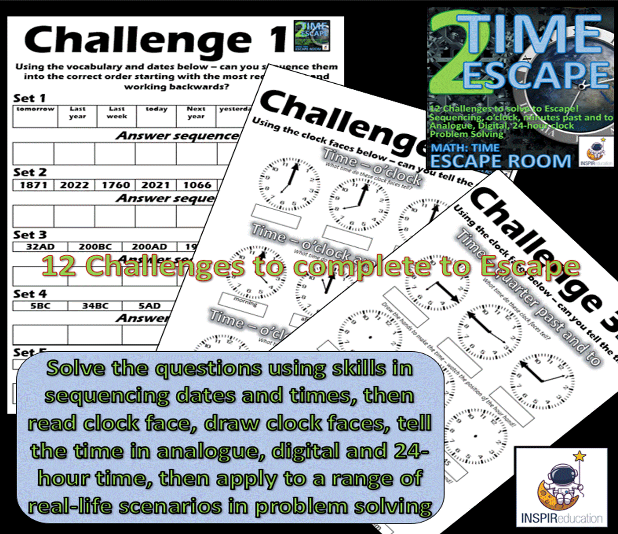 MATH ESCAPE ROOM: TIME Analogue, digital, 24-hour clock, problem ...