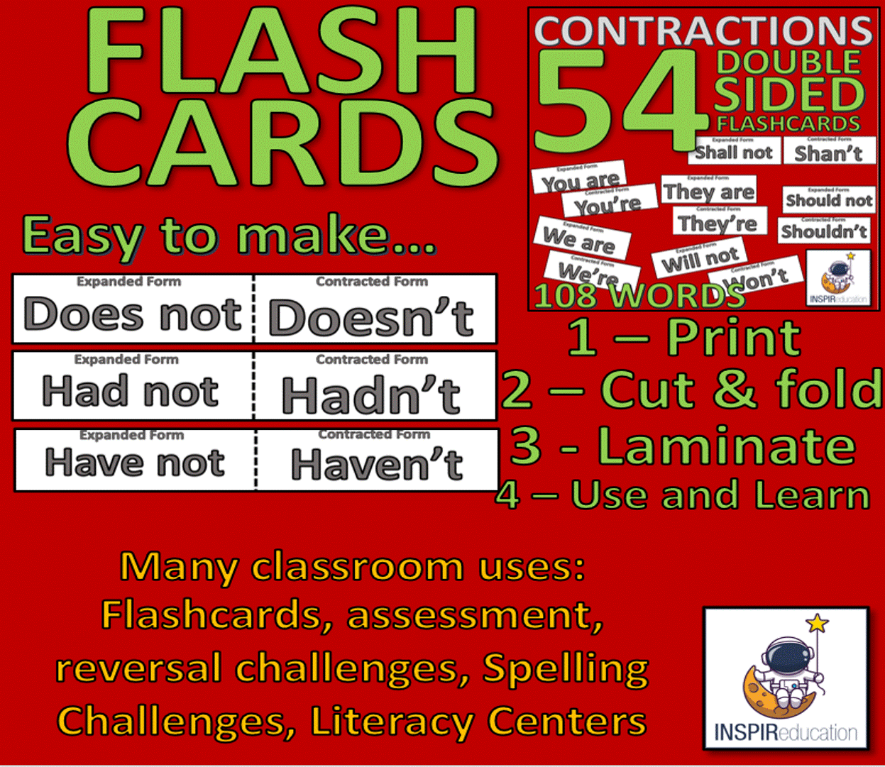 ELA CONTRACTIONS: 54 Double Sided Flashcards, Expanded and Contracted ...