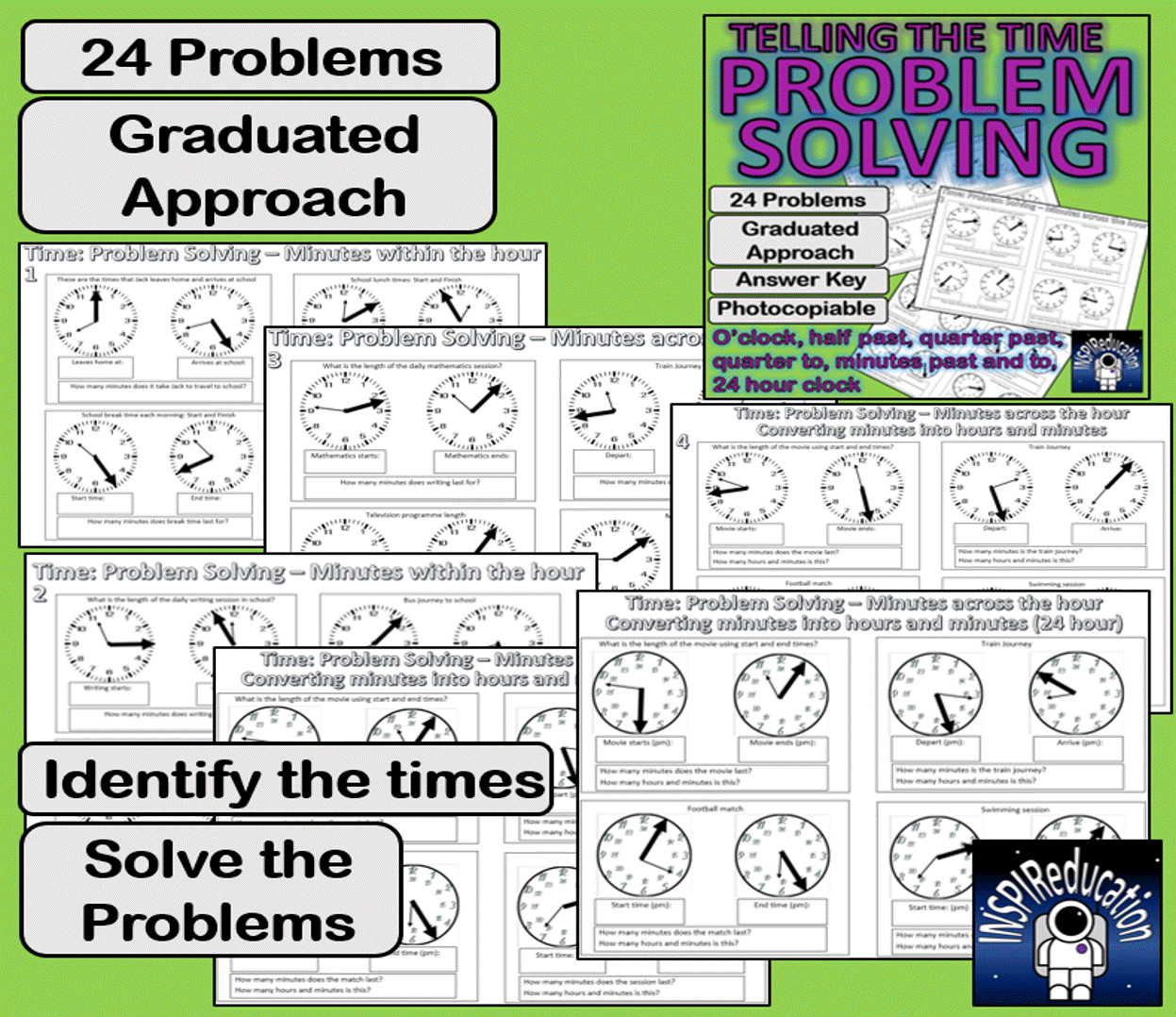 MATH TIME: 24 Hour Problem Solving (Duration) Answer Key, Clock faces ...