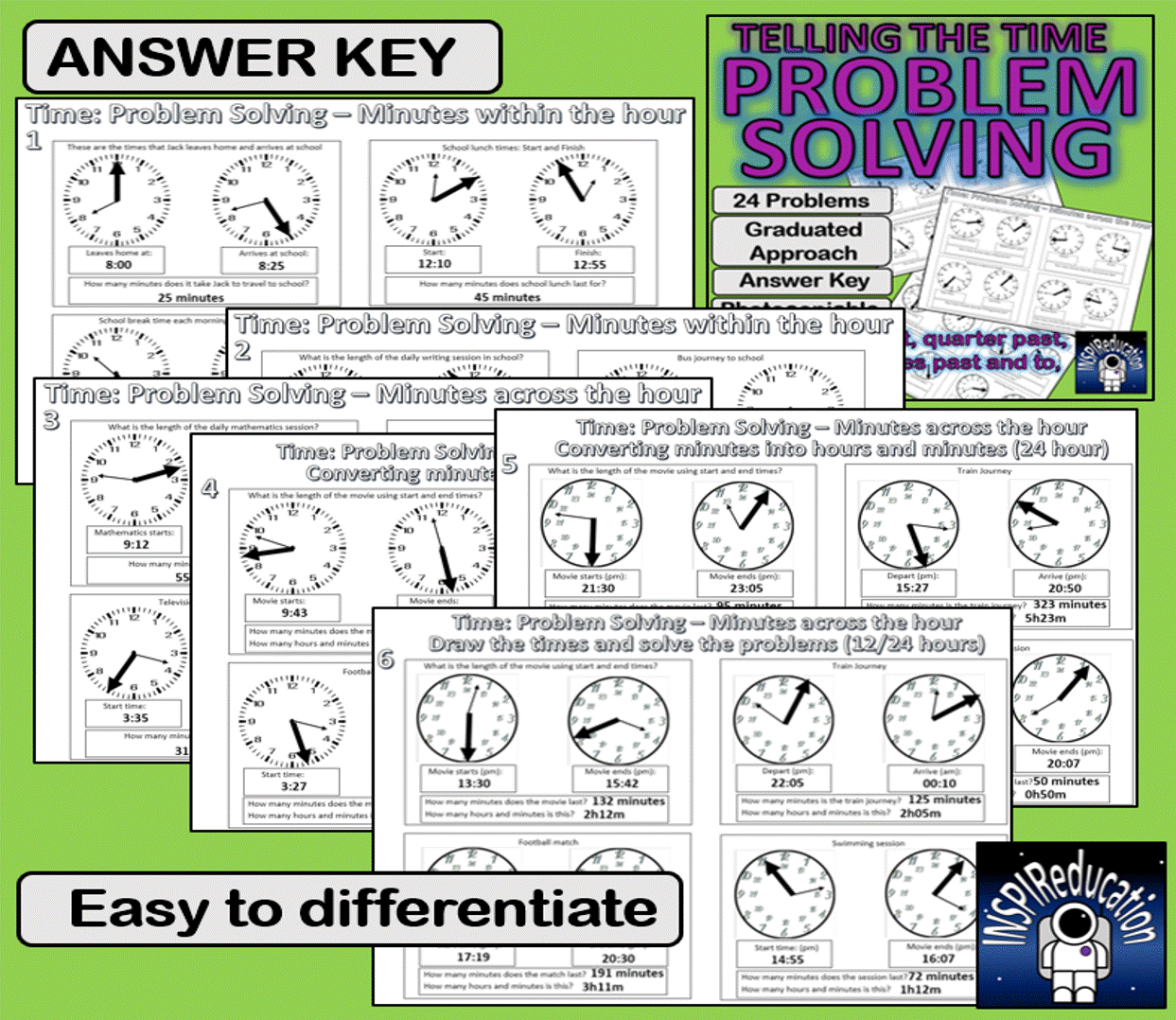 MATH TIME: 24 Hour Problem Solving (Duration) Answer Key, Clock faces ...
