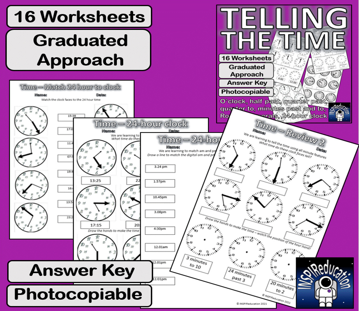 MATH: TIME PROBLEM SOLVING, reading clock faces, 16 Worksheets, Answer ...