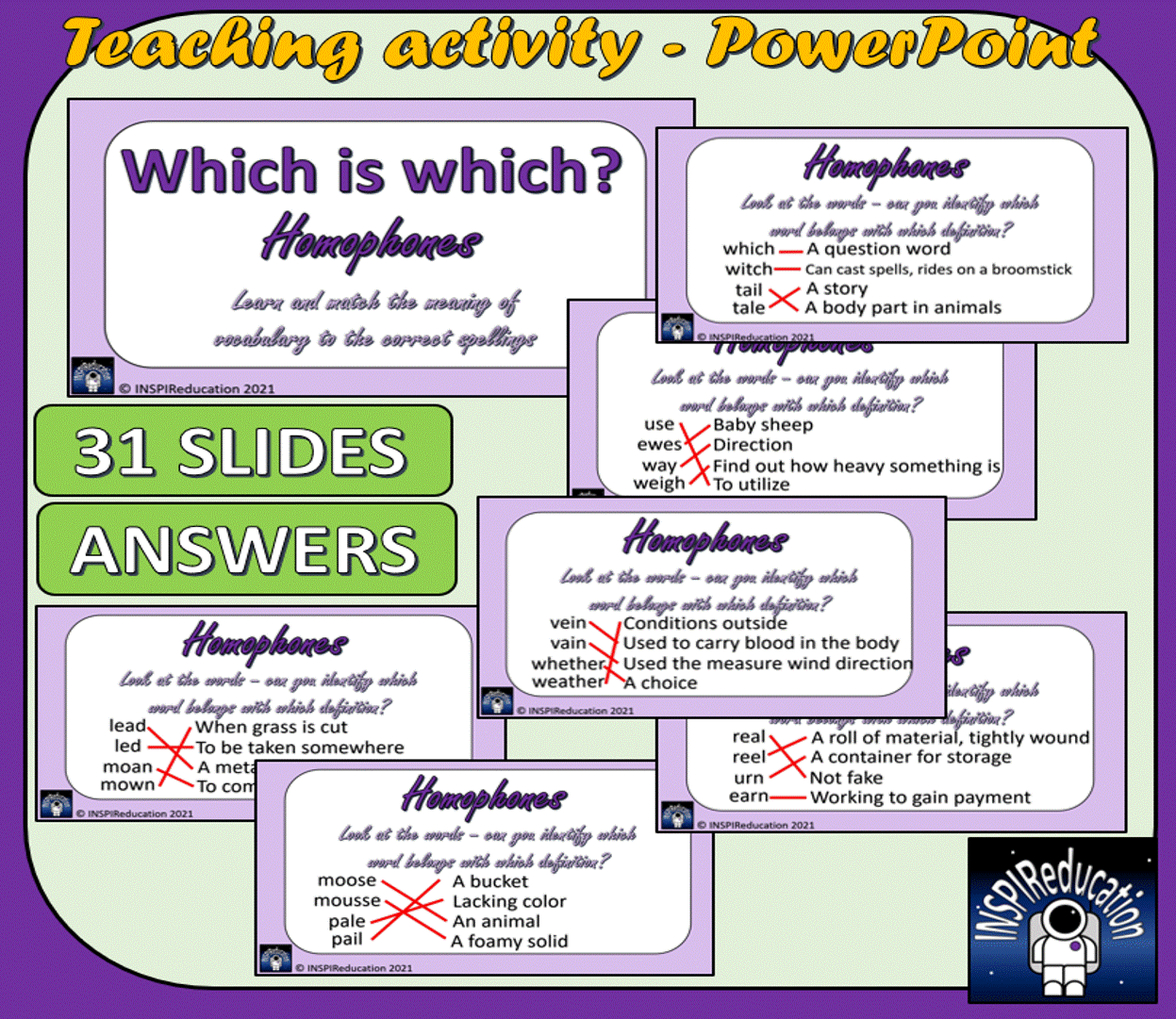 ELA HOMOPHONES: Linking words and meaning, matching activity, answer ...
