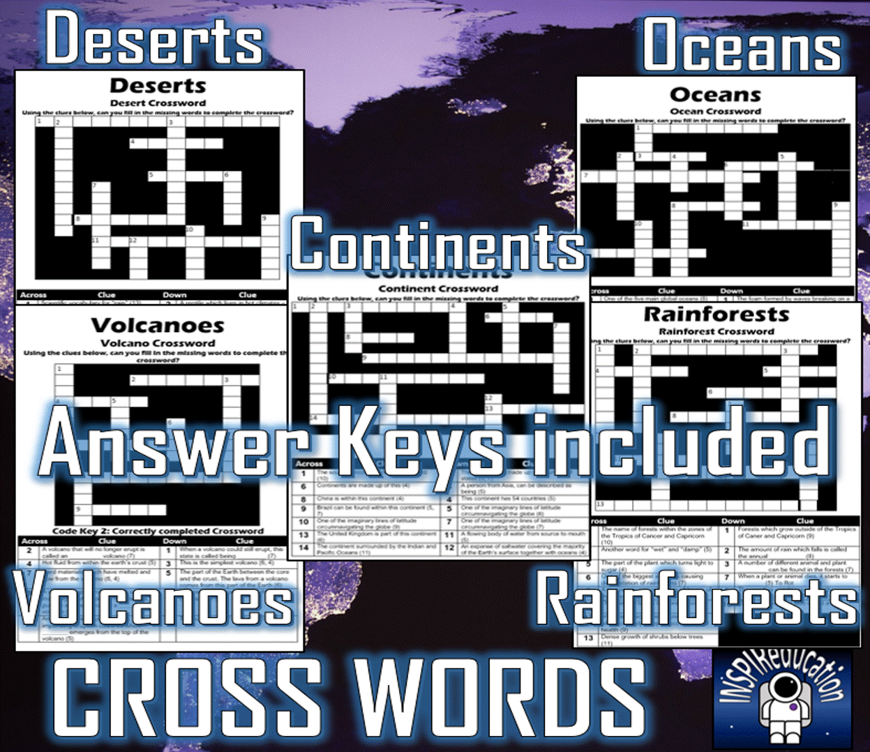 Geography Crosswords: Volcanoes, Oceans, Rainforests, Continents ...