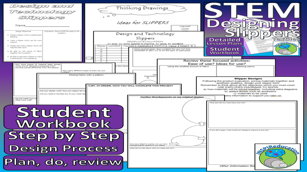 STEM: Design and make slippers, activities, design booklet, lesson plans