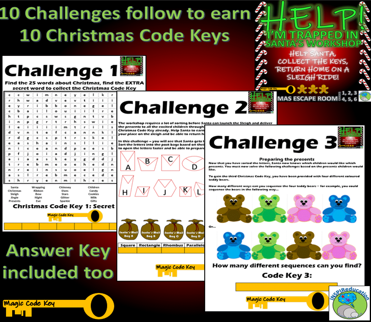 Christmas ESCAPE ROOM: 10 Challenges, Answer Key, Student Workbook