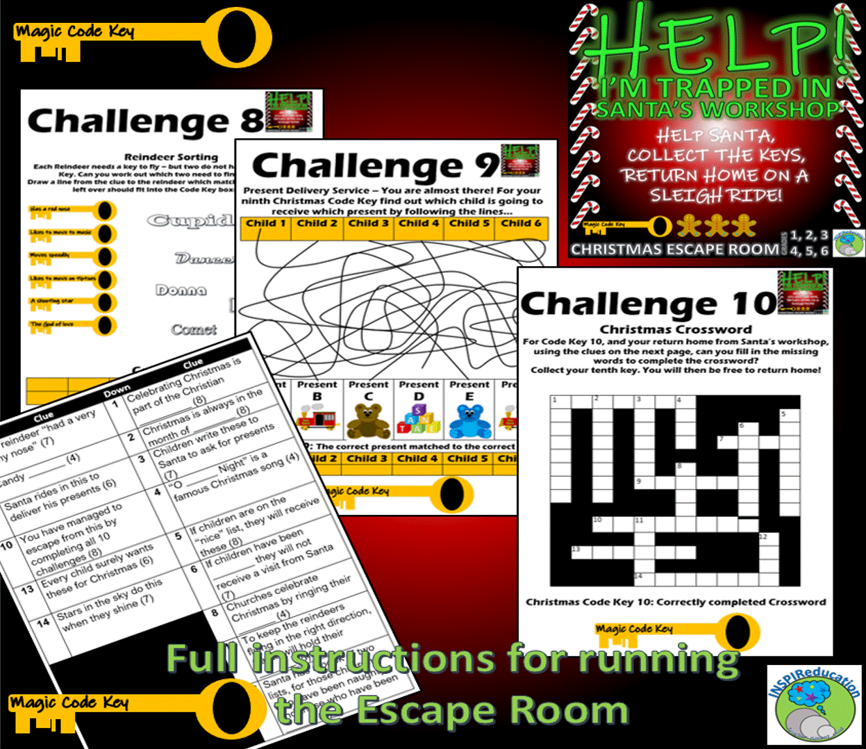Christmas ESCAPE ROOM: 10 Challenges, Answer Key, Student Workbook