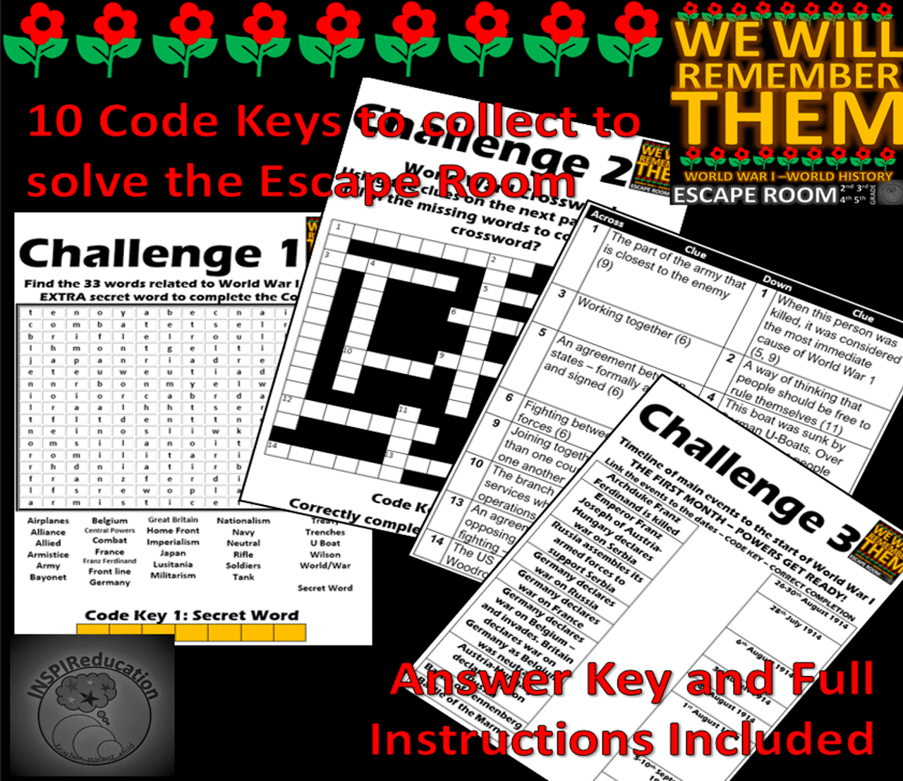 History ESCAPE ROOM: World War 1: 10 Challenges, Resources, Answer Key ...