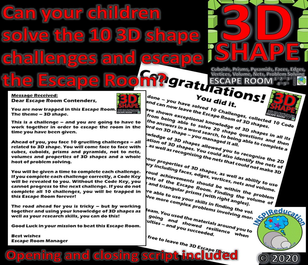 MATH ESCAPE ROOM: 3D Shape - 10 Challenges, Resources, Answer Key and ...