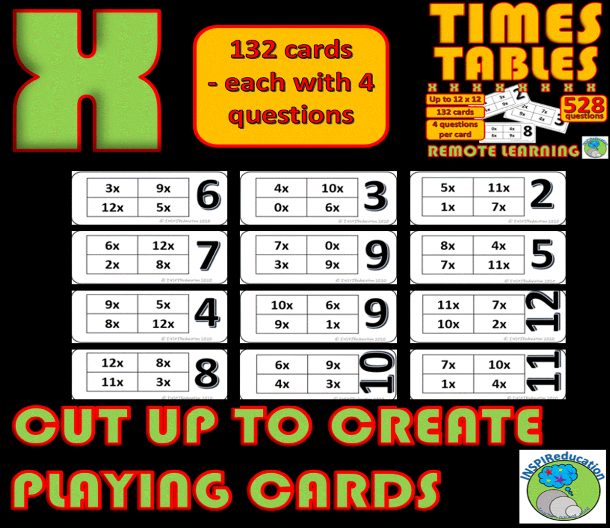 MATH Times Tables Speed Challenge - 132 Cards, 528 Questions up to and ...
