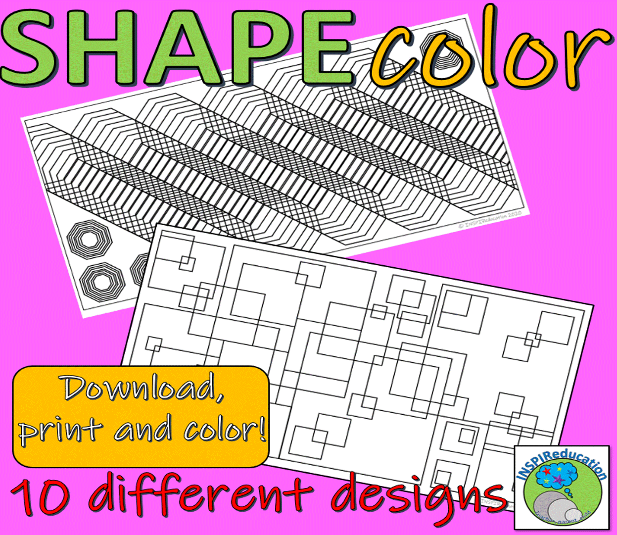 2D SHAPE COLOR - 10 designs using geometric patterns, Print and colo