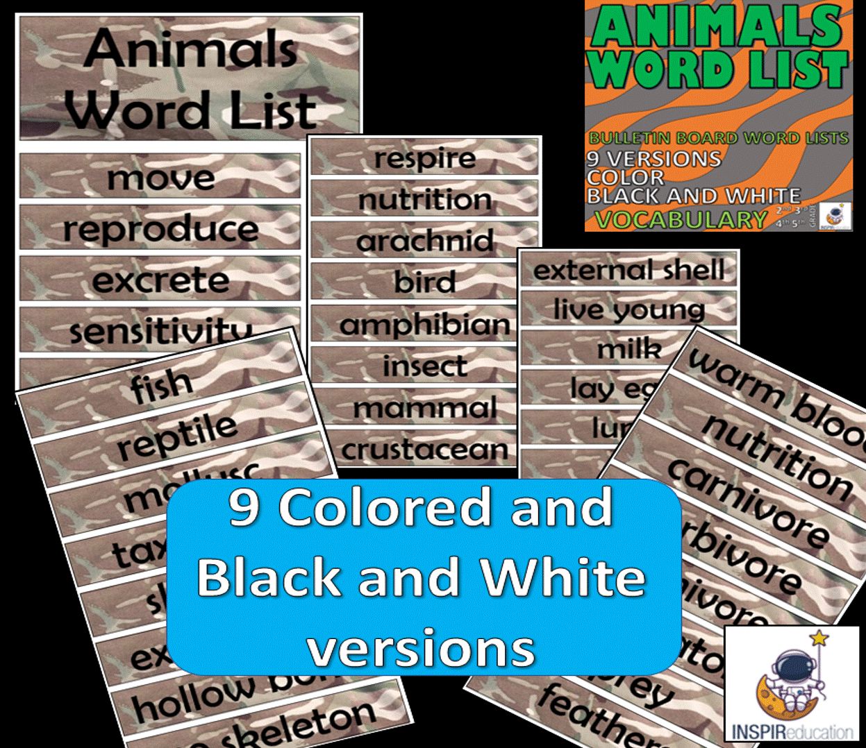 Animals - 60 Key Word Cards, Flashcards, Display, 9 designs