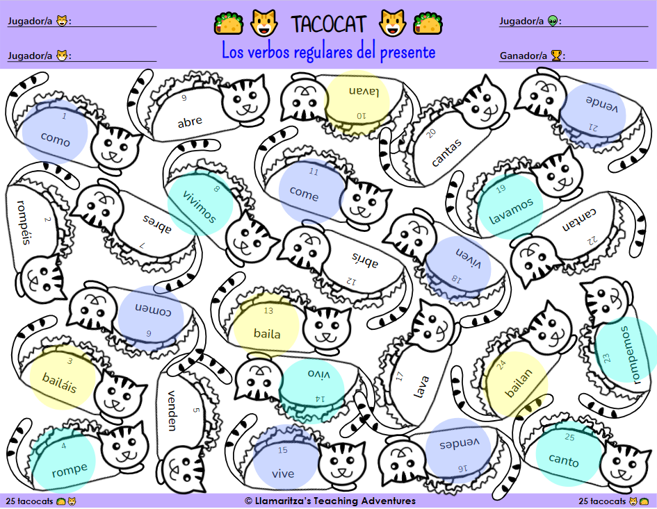 Tacocat Game: Regular Present Tense - Spanish