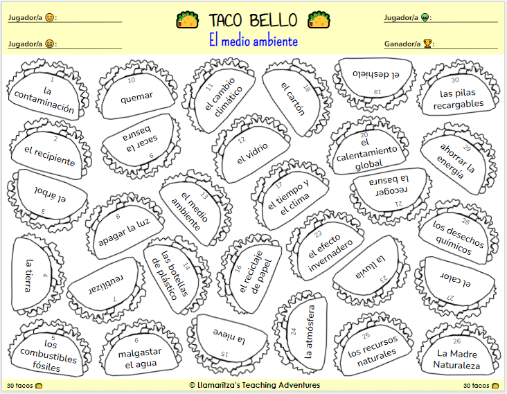 Taco Bello Game: Spanish Vocabulary - The Environment
