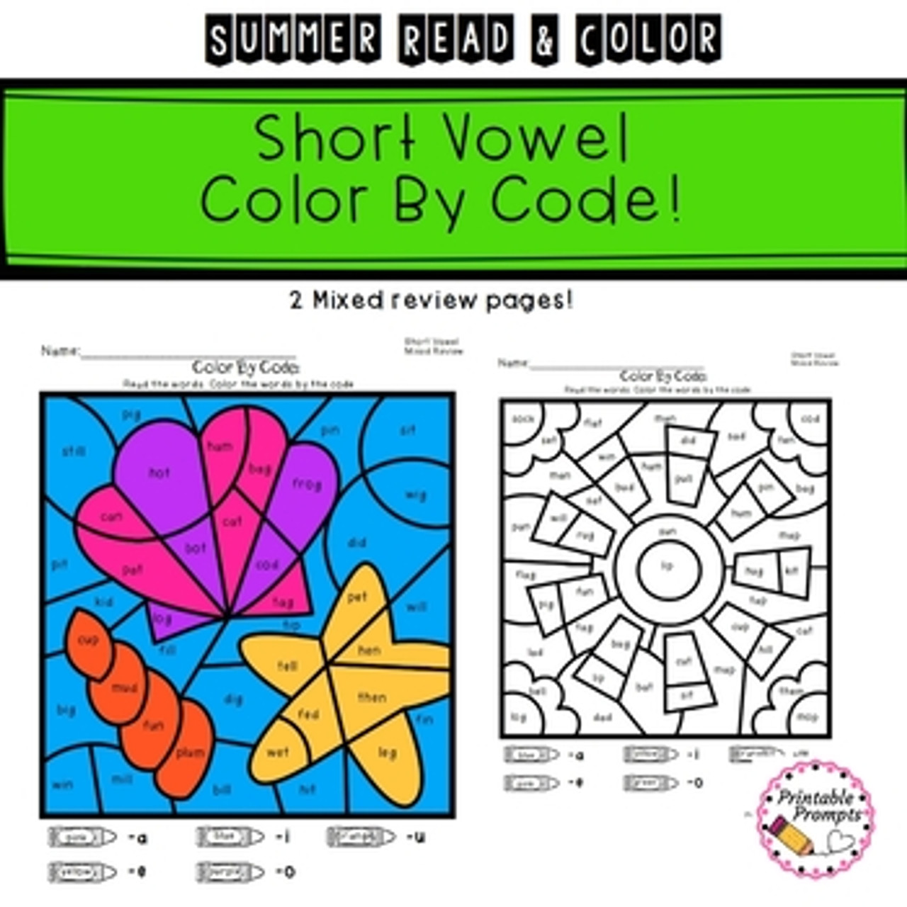 Summer Color by Code Phonics - Short vowels