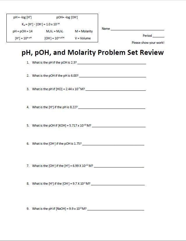 pH, pOH, and Molarity Problem Set Review