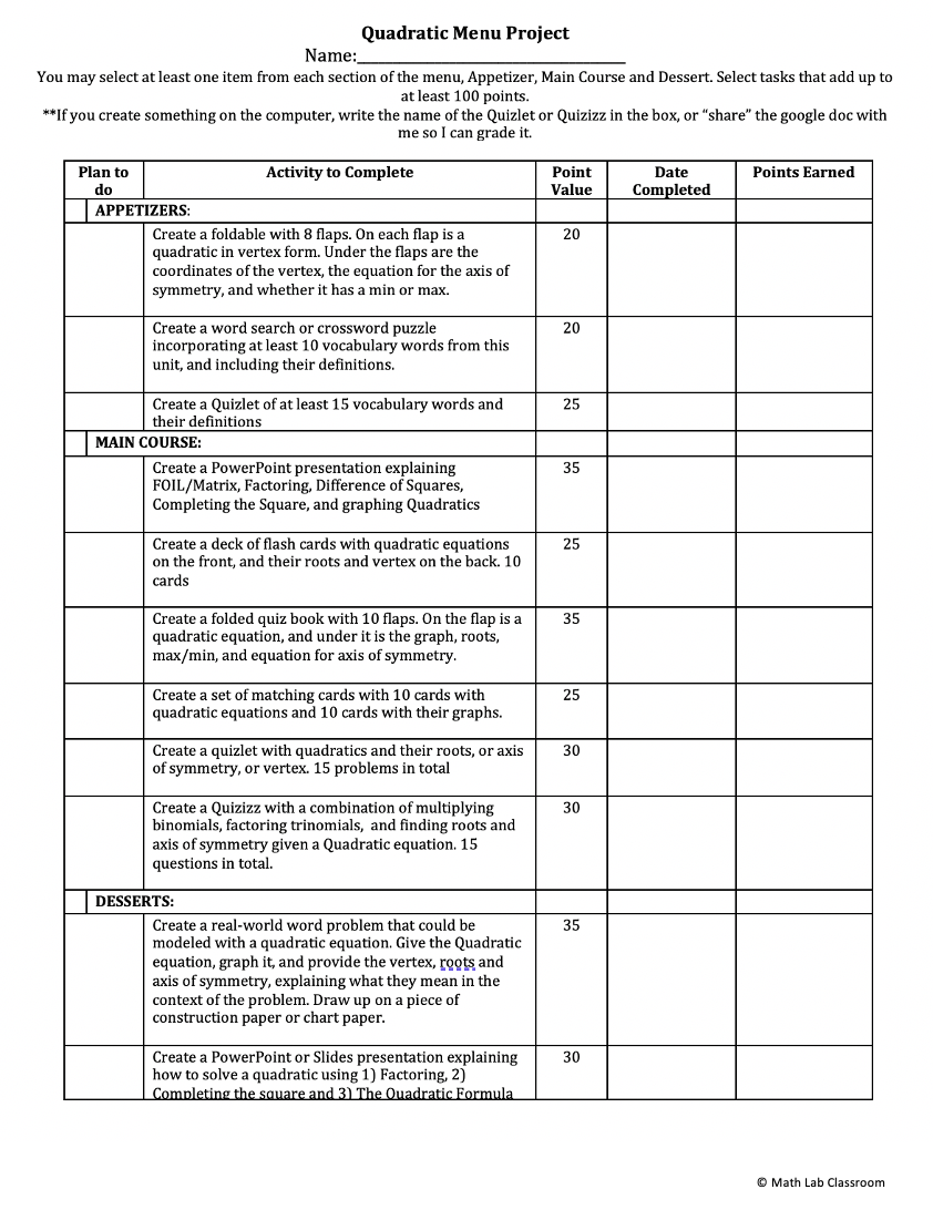 Quadratics Menu Project