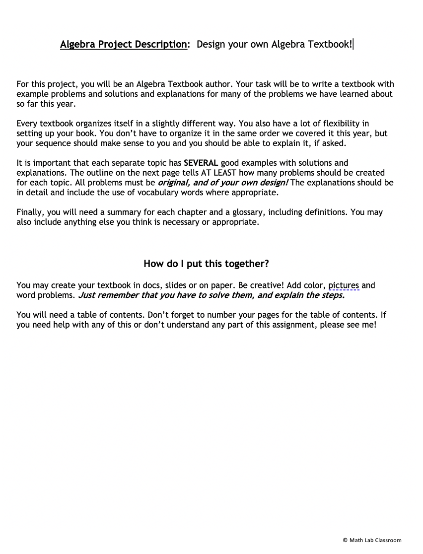 Algebra Final Project, design your own textbook