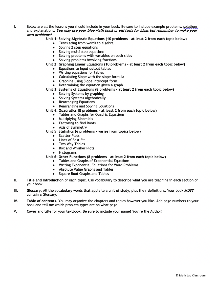 Algebra Final Project, design your own textbook