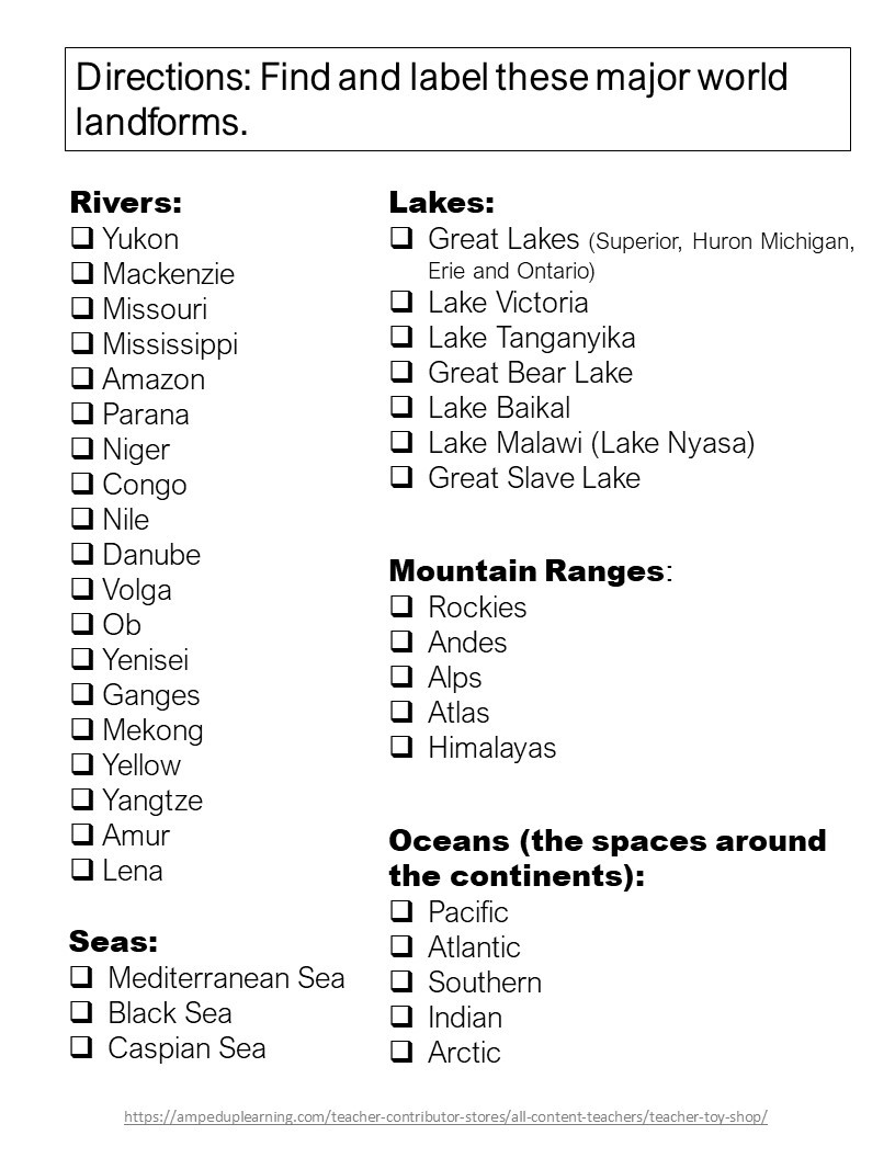 World Geography Label Landforms on a Map Major Mountains Rivers Lakes ...