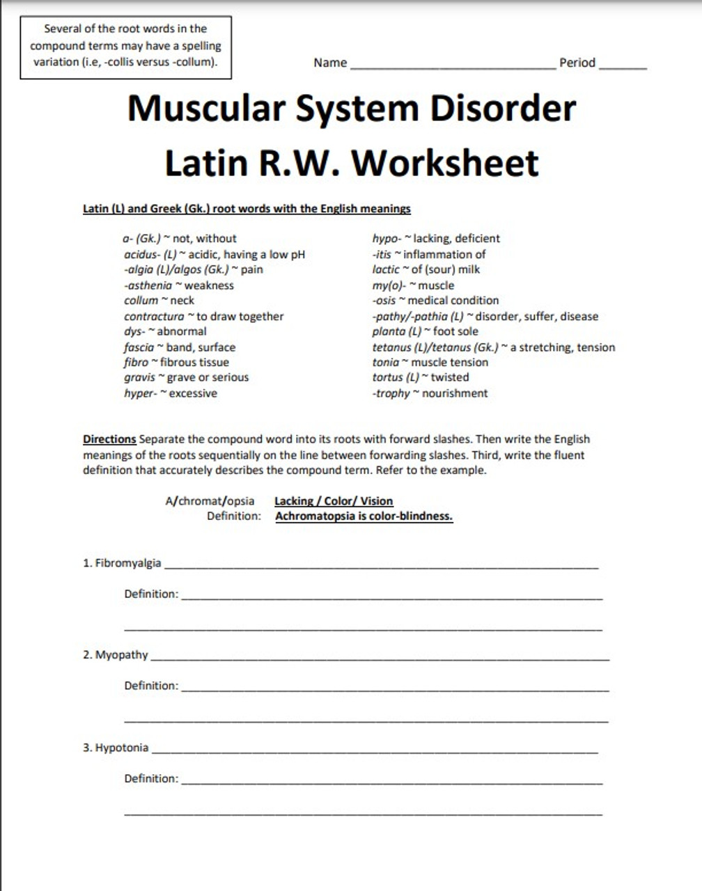 Muscular System Disorder Latin Root Word Worksheet - Amped Up Learning