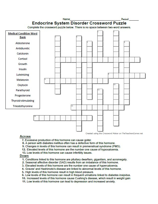 Endocrine System Disorder Crossword Puzzle - Amped Up Learning