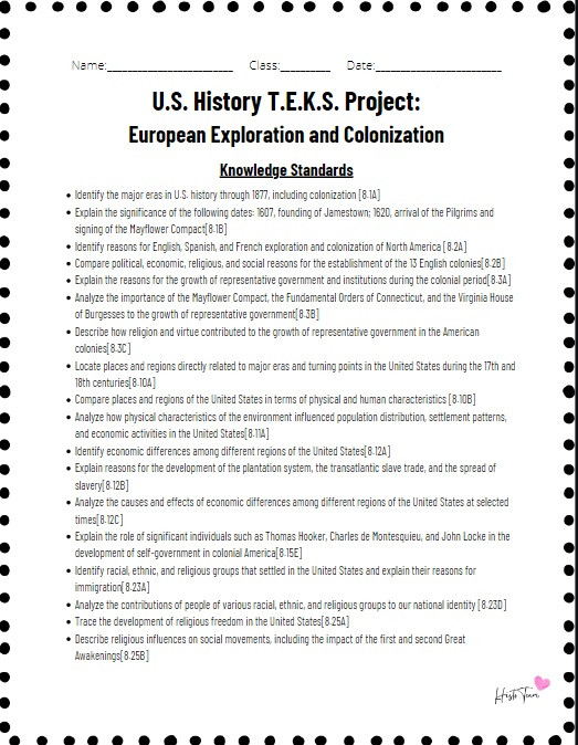U.S. History 8th Grade TEKS Project: European Exploration and Colonization