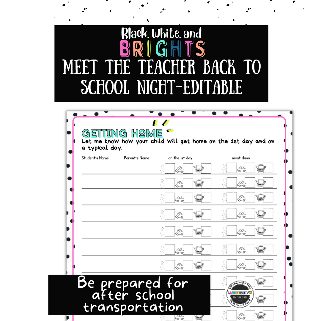 Black and White with Brights Meet the Teacher Back to School Night Editable