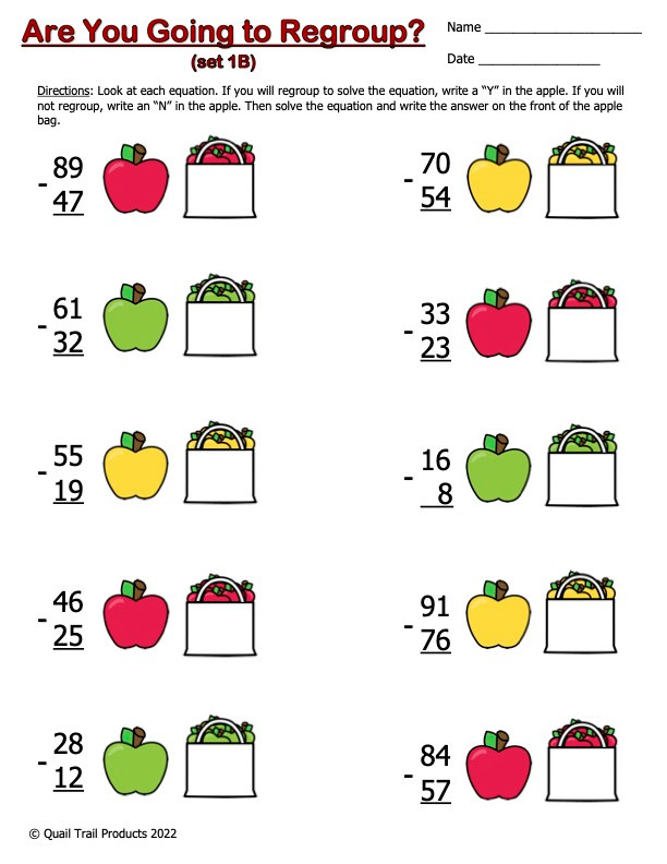 Subtraction with and without Regrouping Worksheets-Apple Theme - Amped ...