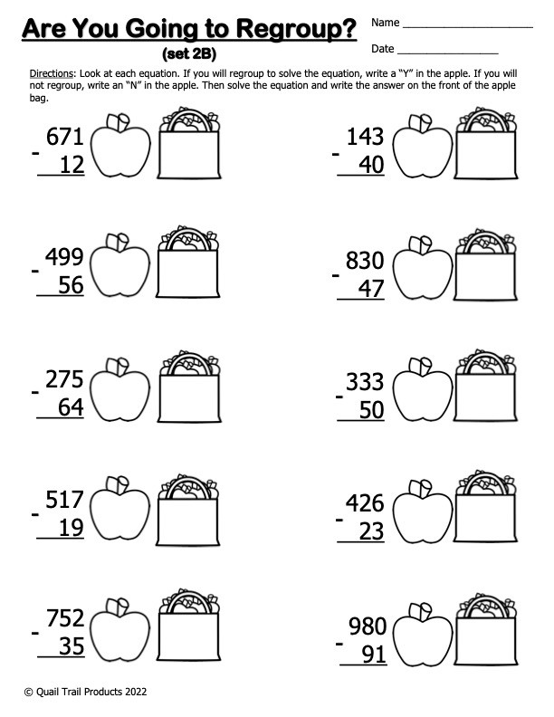 Subtraction with and without Regrouping Worksheets-Apple Theme - Amped ...