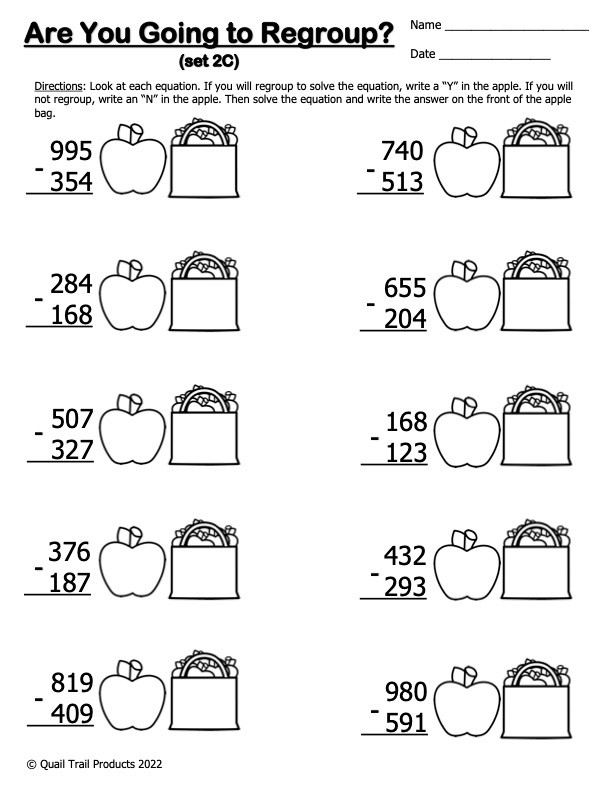 Subtraction with and without Regrouping Worksheets-Apple Theme - Amped ...