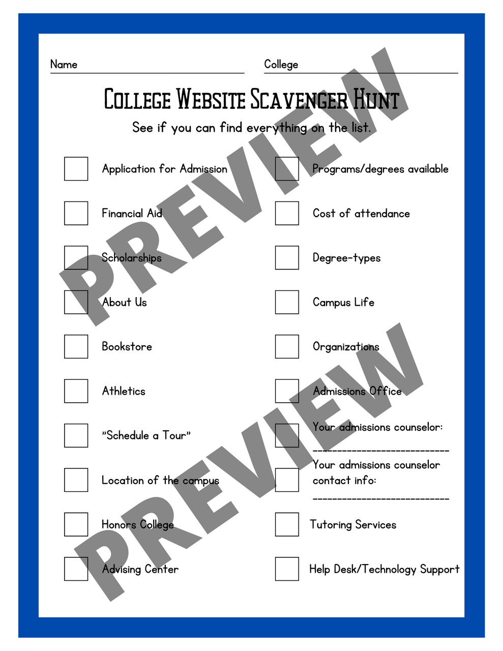 Virtual College Scavenger Hunt Activity - Counselor Worksheet Printable ...