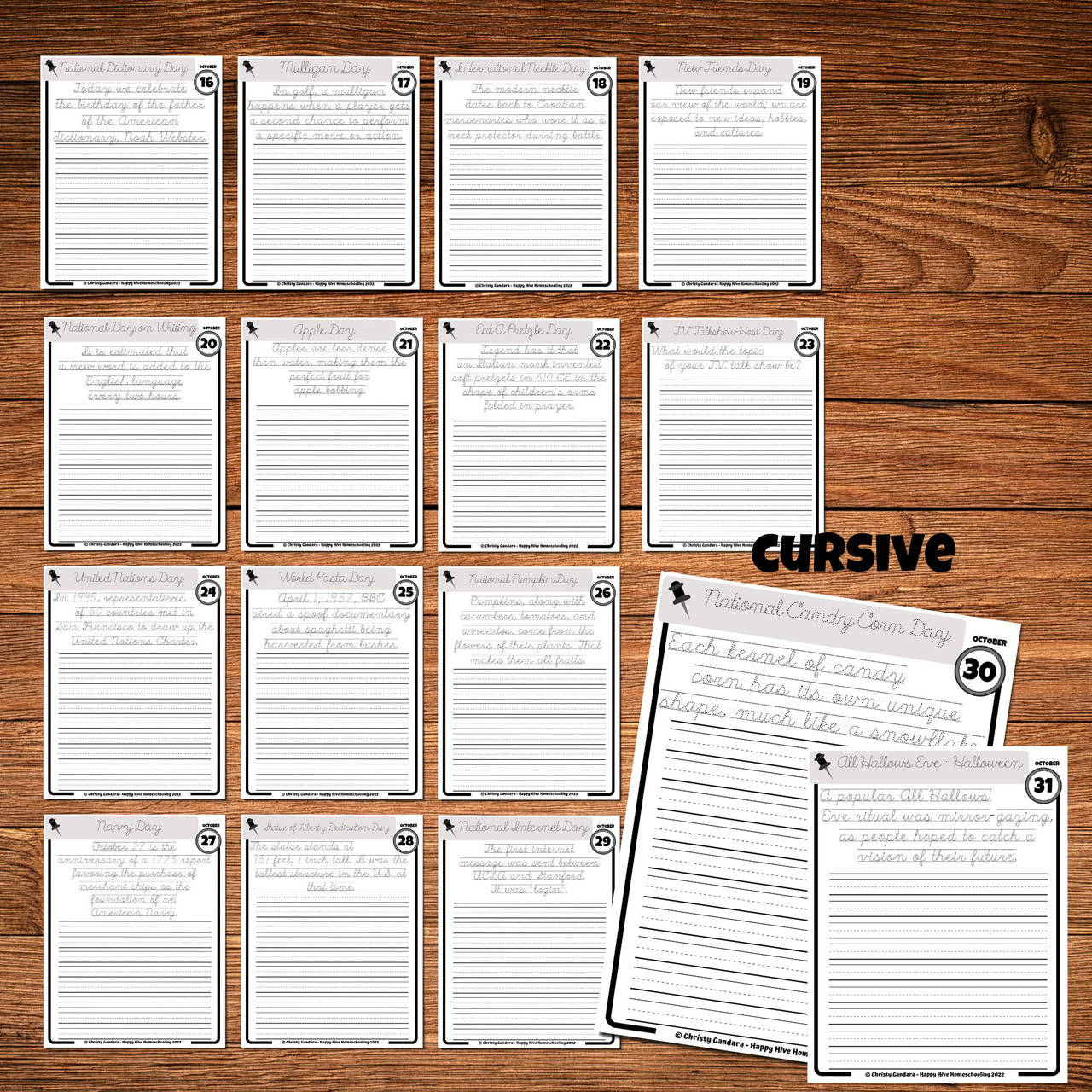 October Holiday Handwriting - Cursive