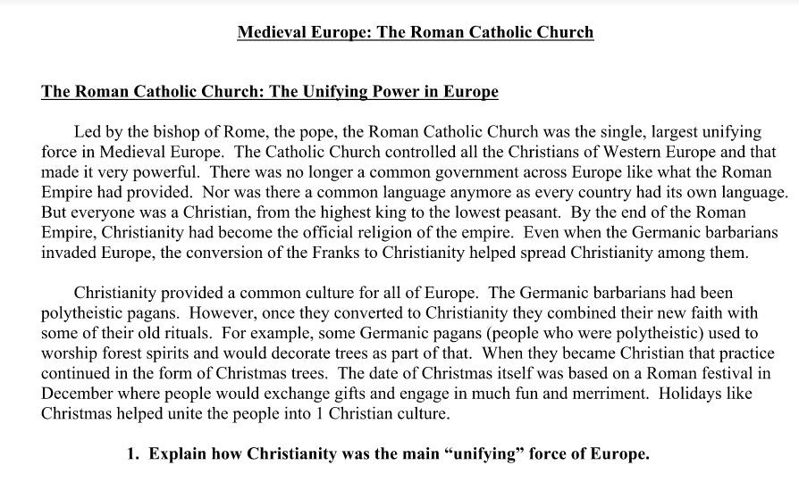 Medieval Europe Role of The Catholic Church Lesson: Article and Questions