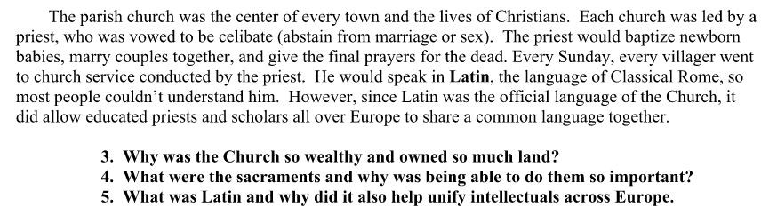 Medieval Europe Role of The Catholic Church Lesson: Article and Questions
