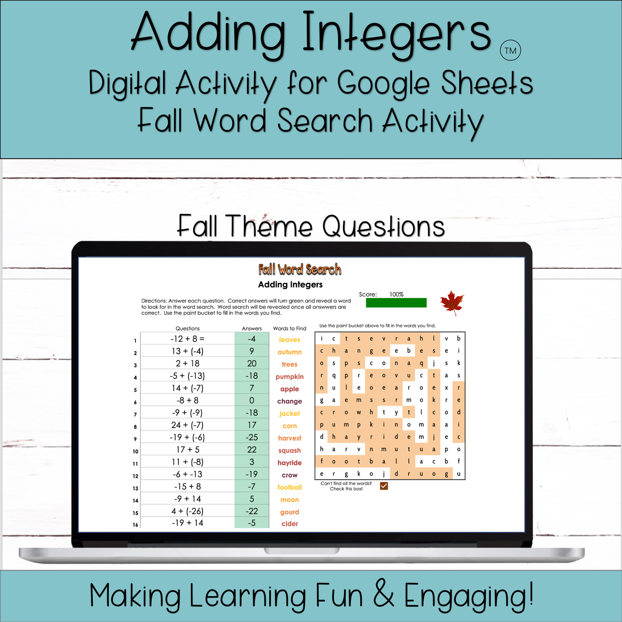 Adding Integers Digital Fall Word Search - Amped Up Learning