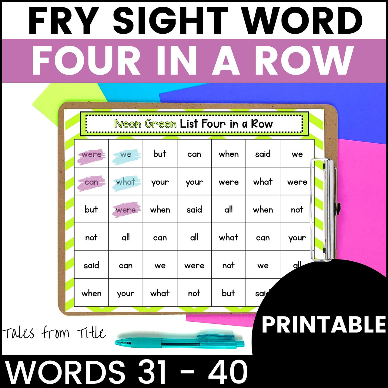 Fry's First 100 Sight Word Games: Four in a Row: Words 31 - 40 ...