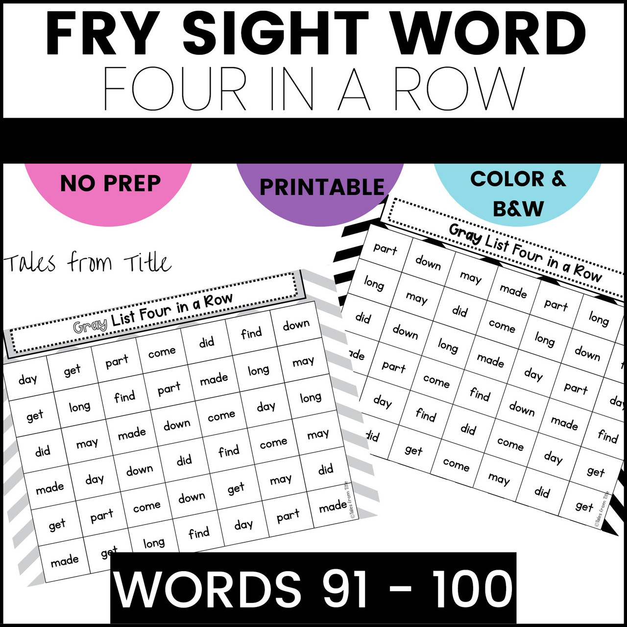 Fry's First 100 Sight Word Games: Four in a Row: Words 91 - 100 ...