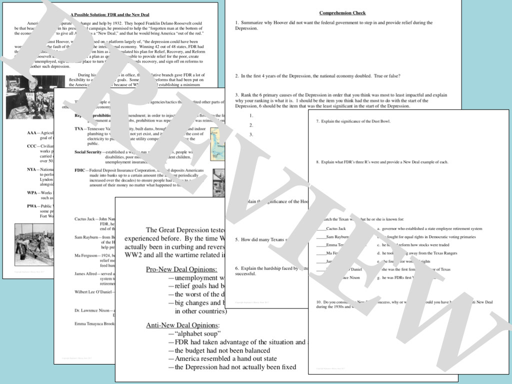 Texas During the Great Depression Reading and Activities
