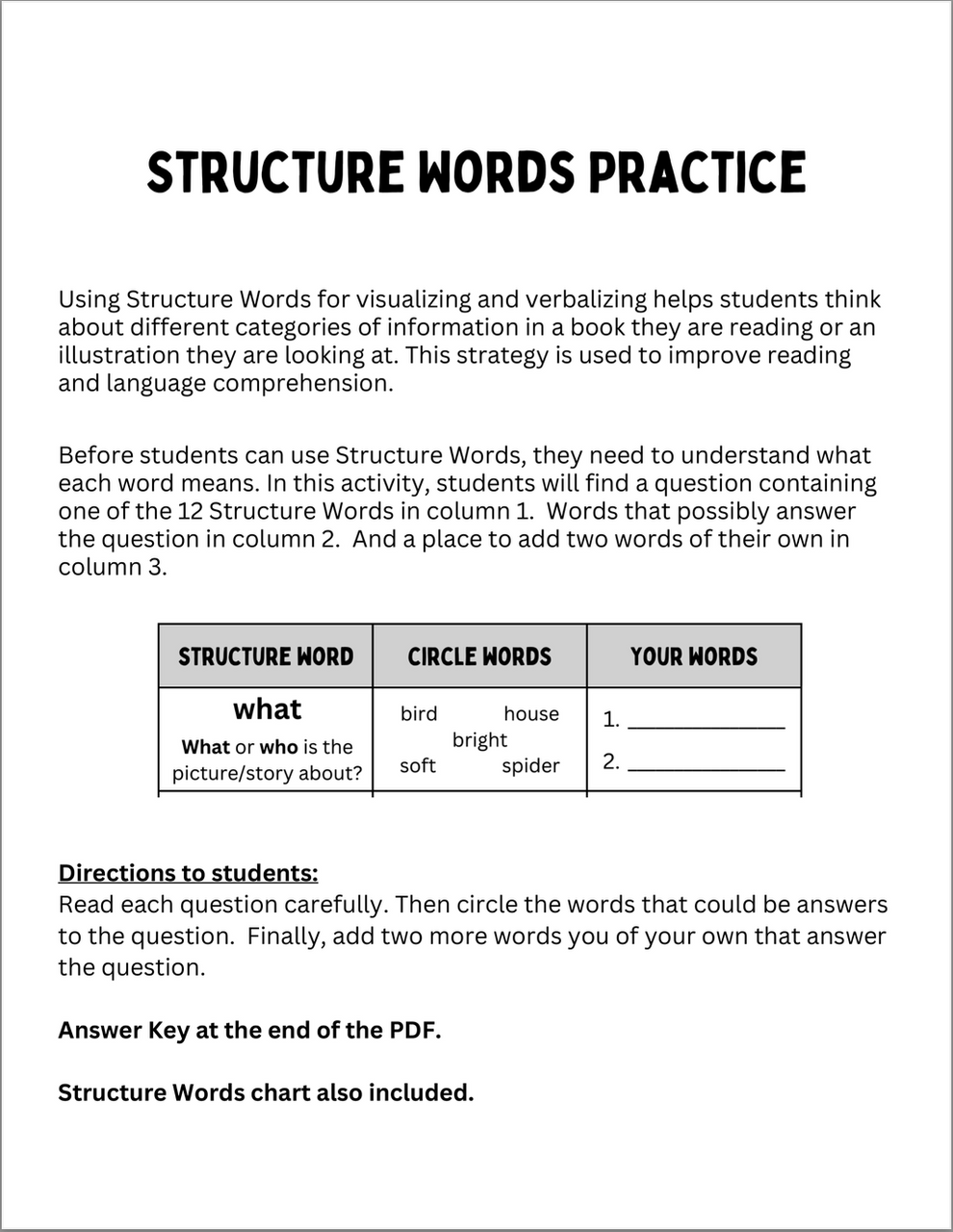 Visualize & Verbalize Structure Word Practice Activity for Reading ...