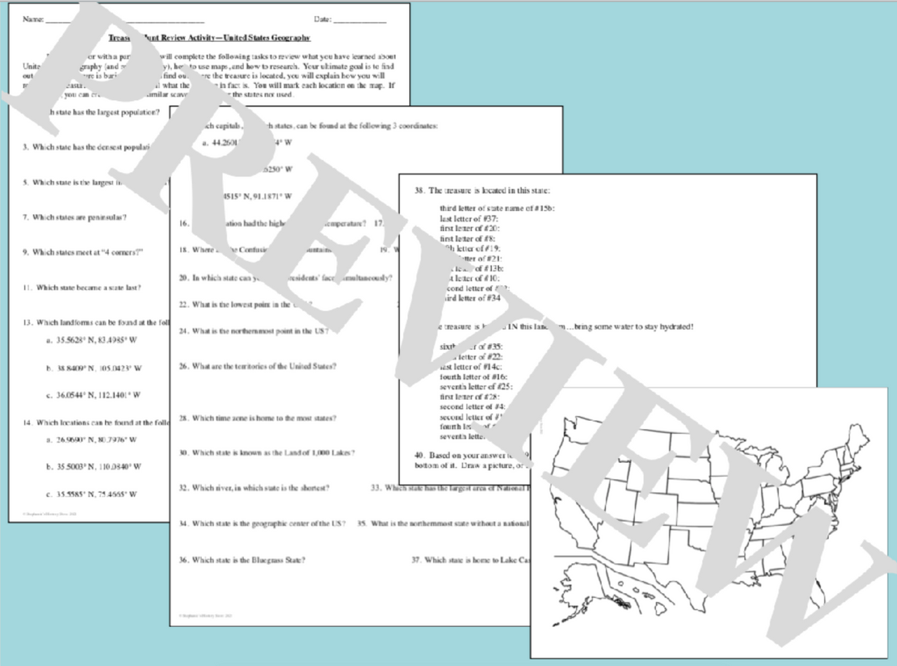 United States Geography Map and Research Skills Activity