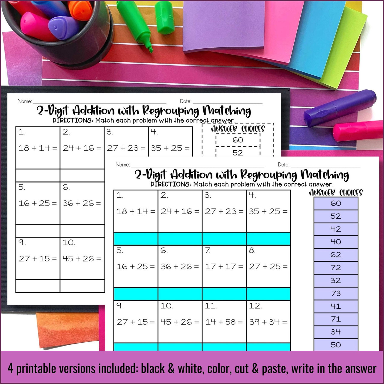 2 Digit Addition with Regrouping Matching Digital and Printable ...