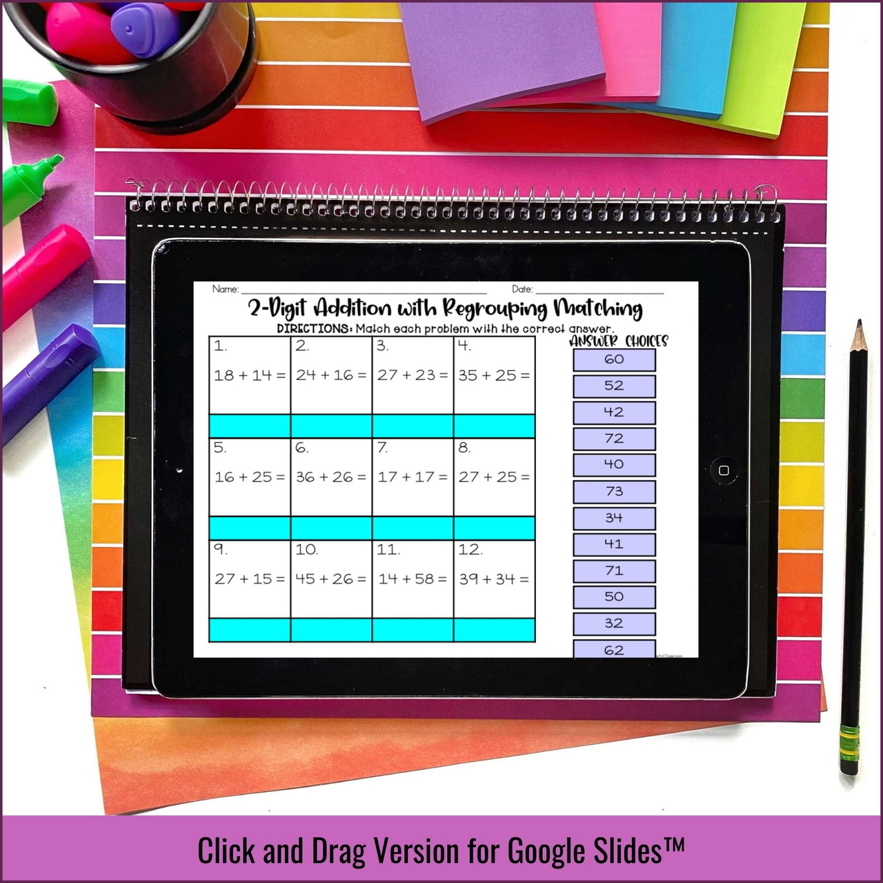 2 Digit Addition with Regrouping Matching Digital and Printable ...