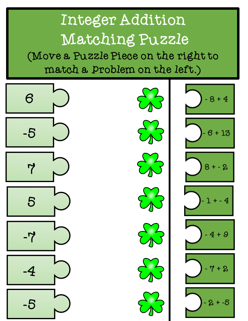 St. Patrick's Day Integer Addition and Subtraction Matching Puzzle ...