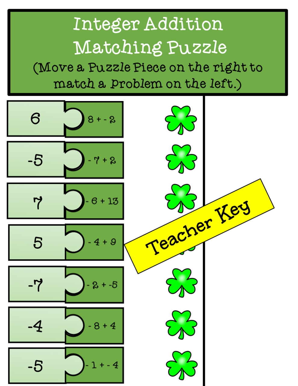 St. Patrick's Day Integer Addition and Subtraction Matching Puzzle ...