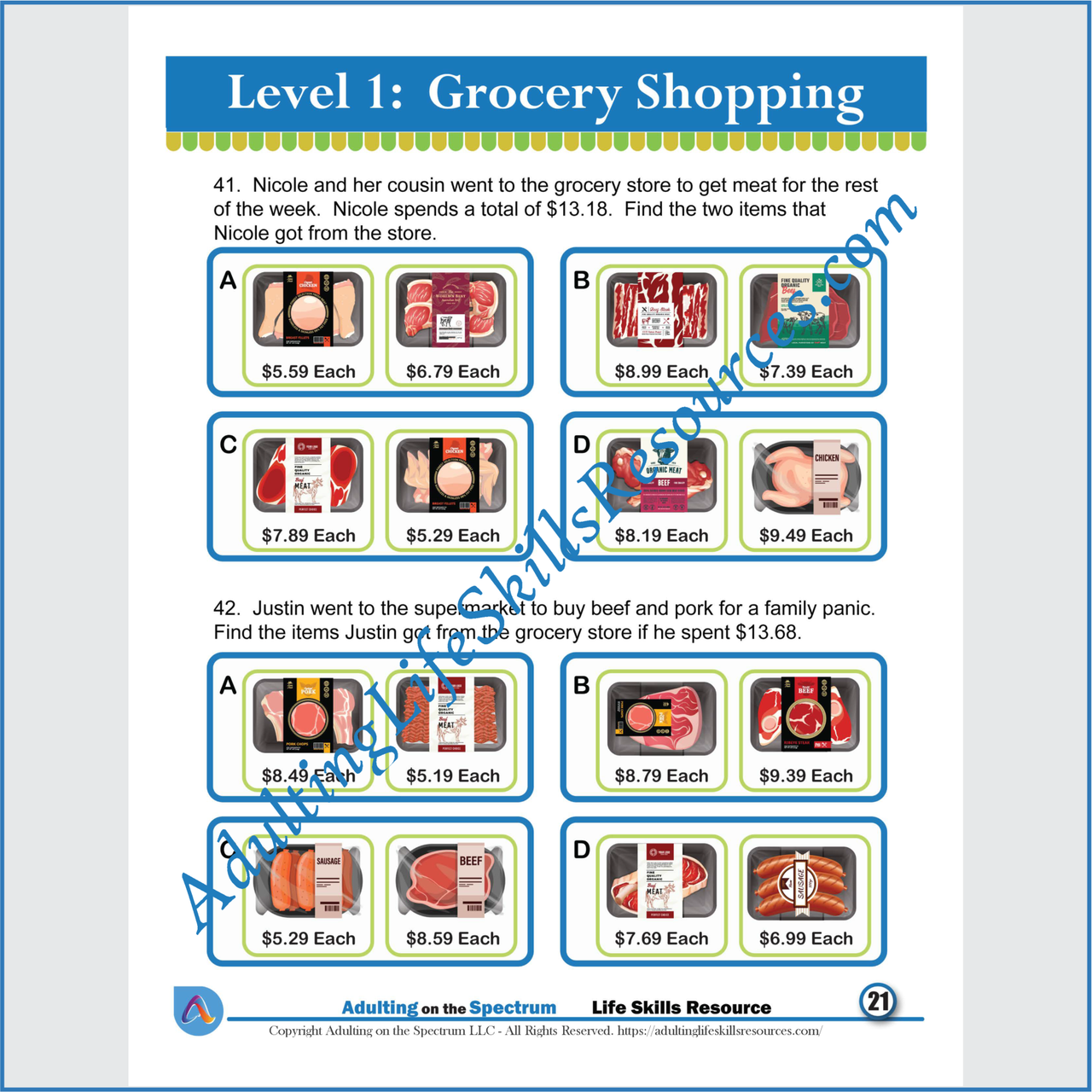 Functional Money Math Life Skills Worksheets - Grocery Shopping Level 1 ...