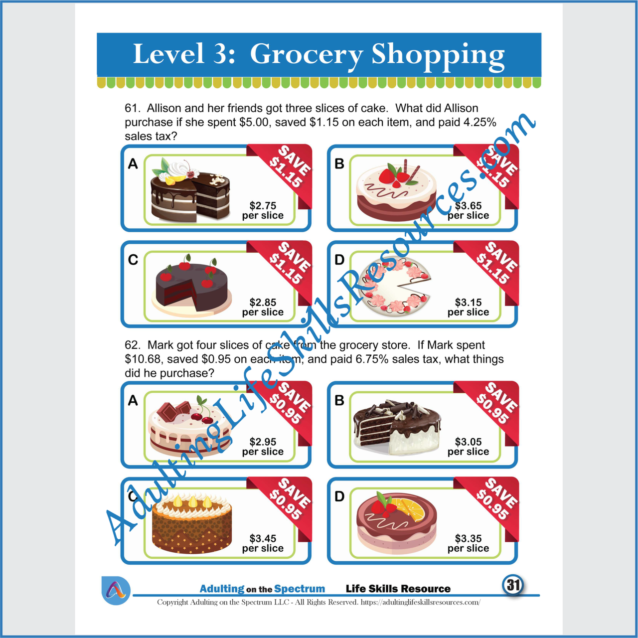 Grocery Shopping Money Math Level 3 Life Skills Activity