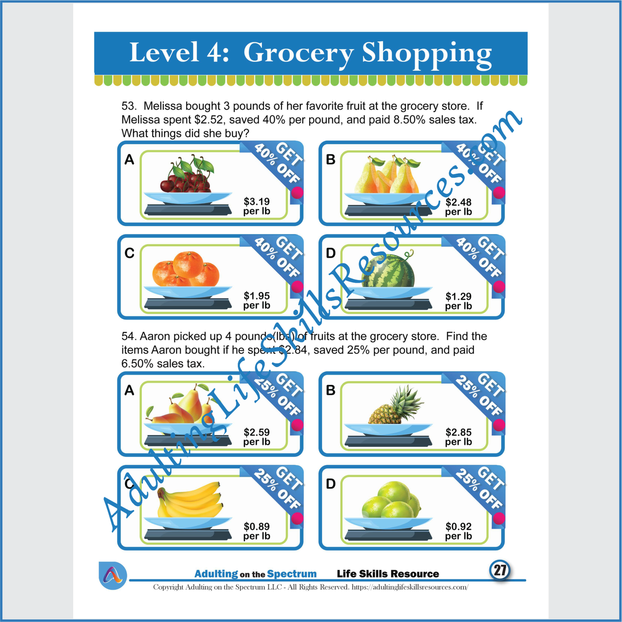Functional Money Math Life Skills Worksheets - Grocery Shopping Level 4 ...