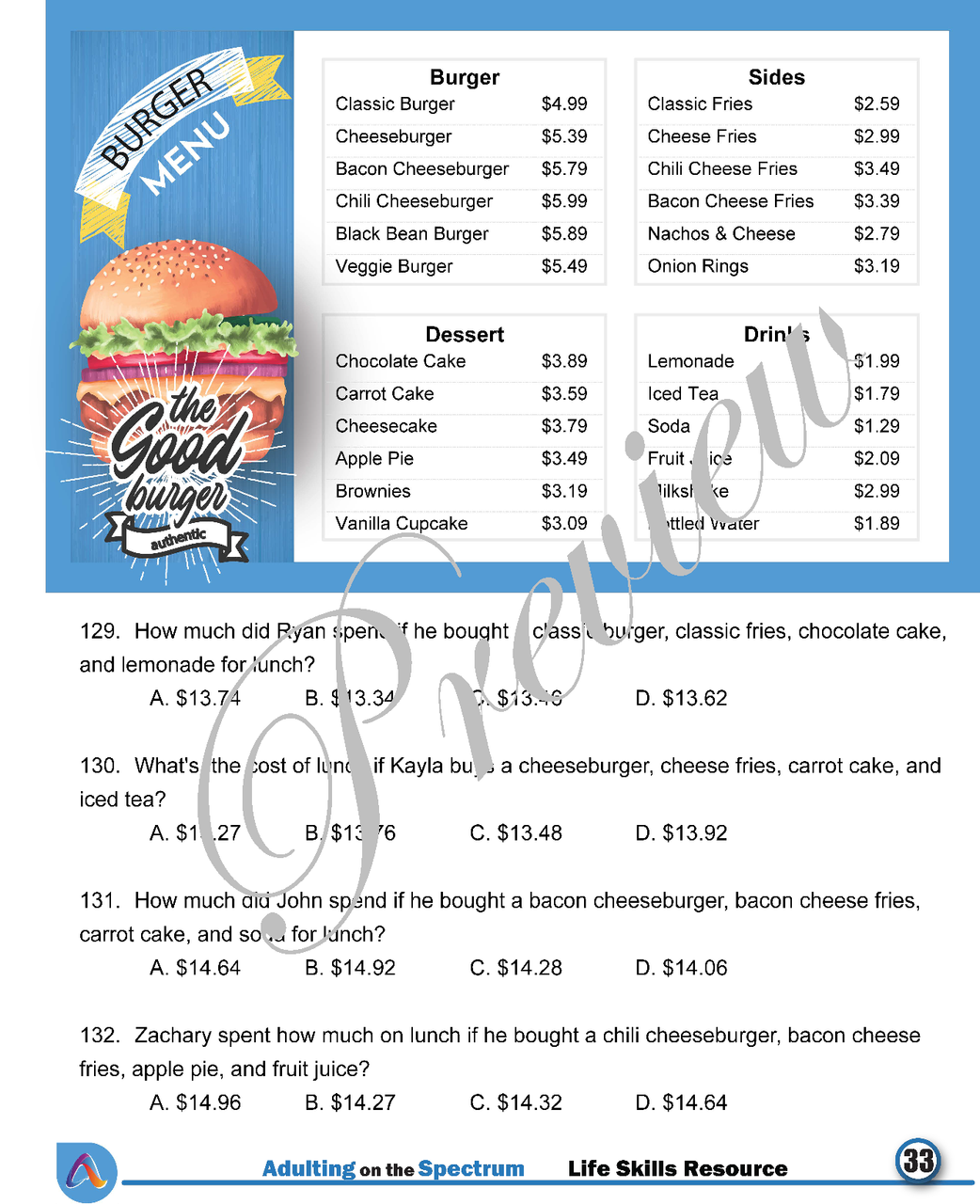 Functional Money Math Life Skills Worksheets - Reading Restaurant Menus ...