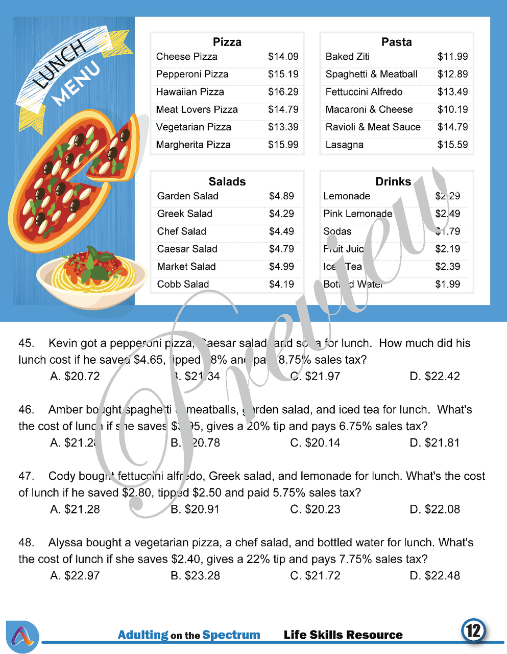 Functional Money Math Life Skills Worksheets - Reading Restaurant Menus ...