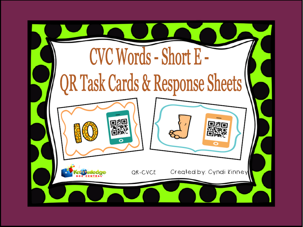 CVC Words - Short E - QR Code Task Cards & Response Sheets